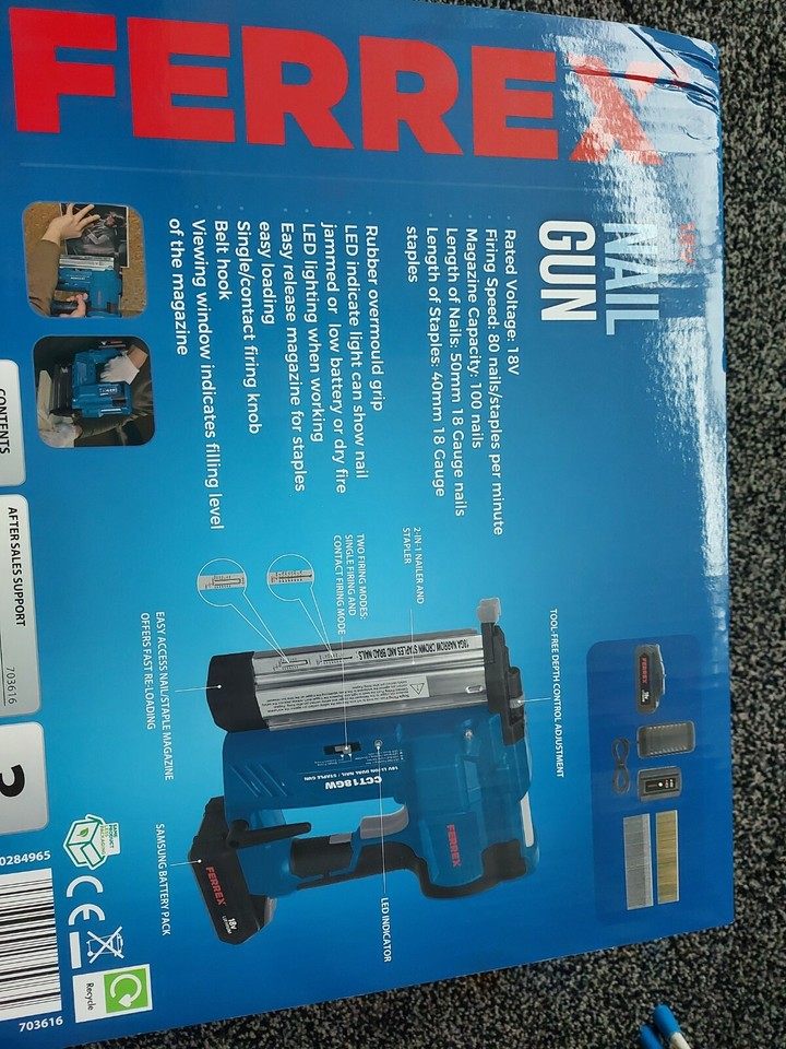 FERREX 18v 2 in 1 Nail & Staple Gun Cordless Electric Heavy duty ...