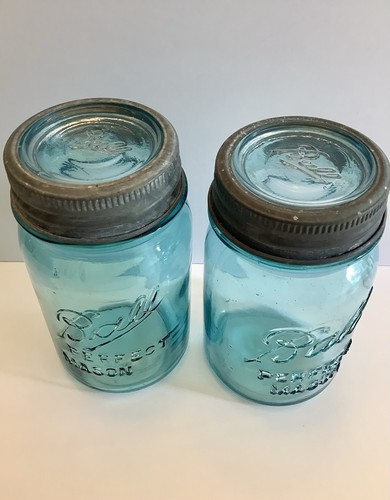 2 Vtg Ball Pint Perfect Mason Blue Canning Jars W/Zinc Ring Glass ...