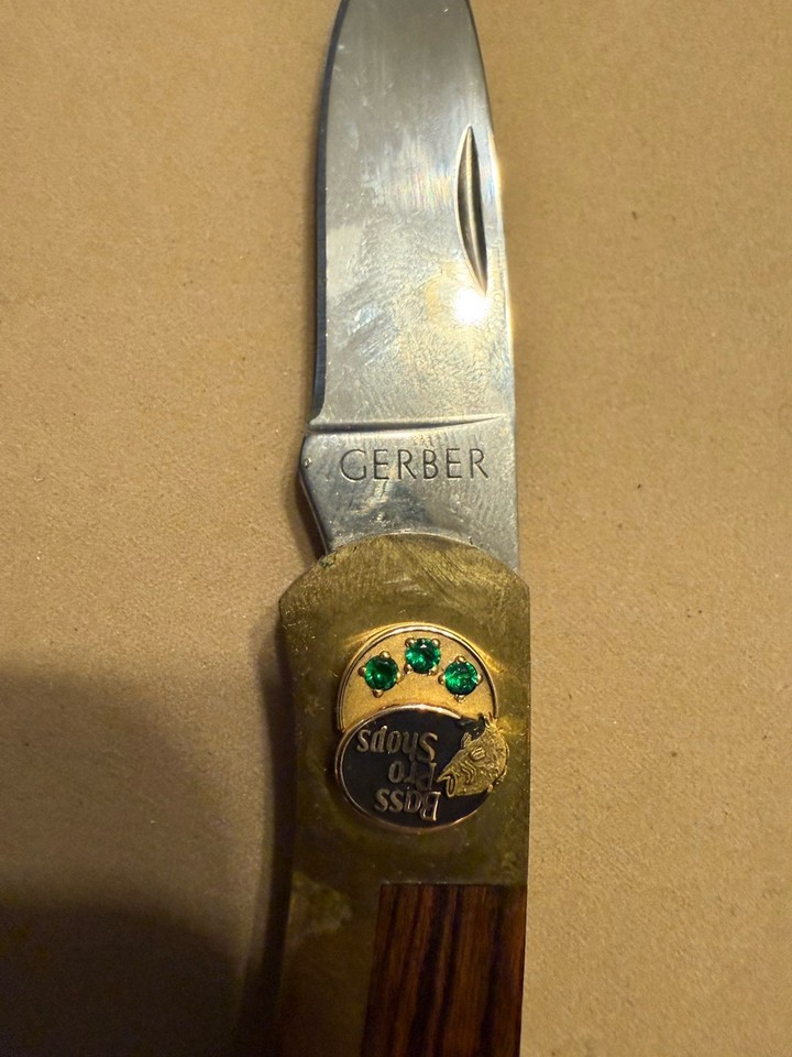 Gerber Bass Pro Shops Pocketknife Wood Brass Handle Drop Point Blade w ...