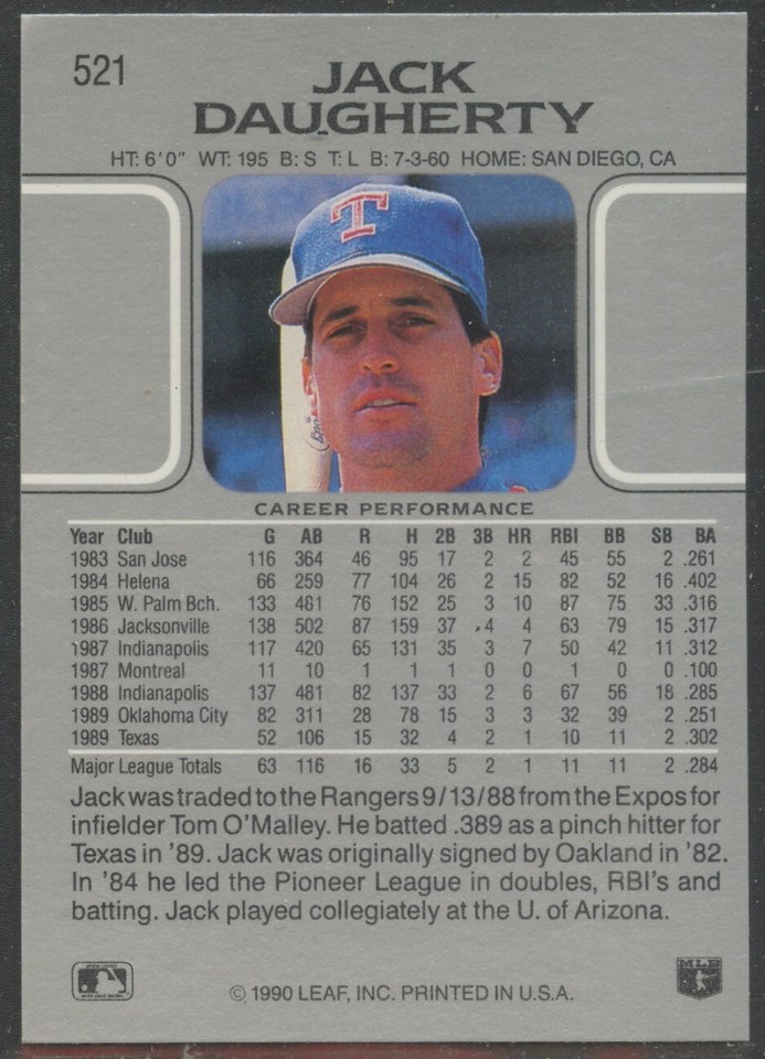1990 Leaf #521 Jack Daugherty Texas Rangers | eBay