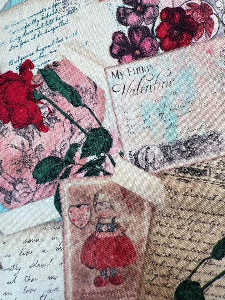 Fabric -OOP Vintage Valentine Collage Love Letters Postcard Red Roses ...