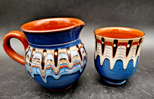 Vintage Troyan Bulgarian Redware Pottery Small Pitcher/Cup Set Feather ...