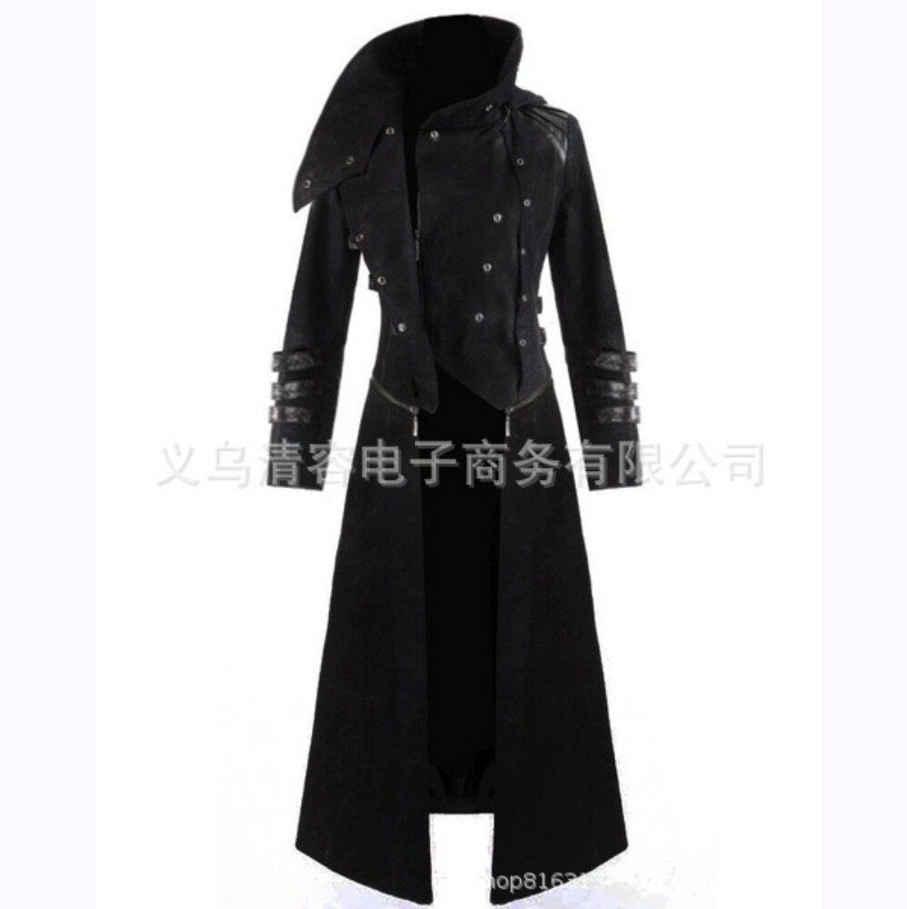 Men's Hooded Steampunk Military Trench Coat Long Jacket Gothic Overcoat ...