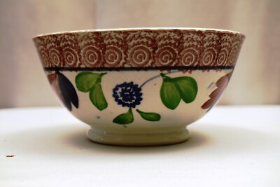 Antique Spatterware Spongware Pottery Bowl Stamped Design Hand Painted ...