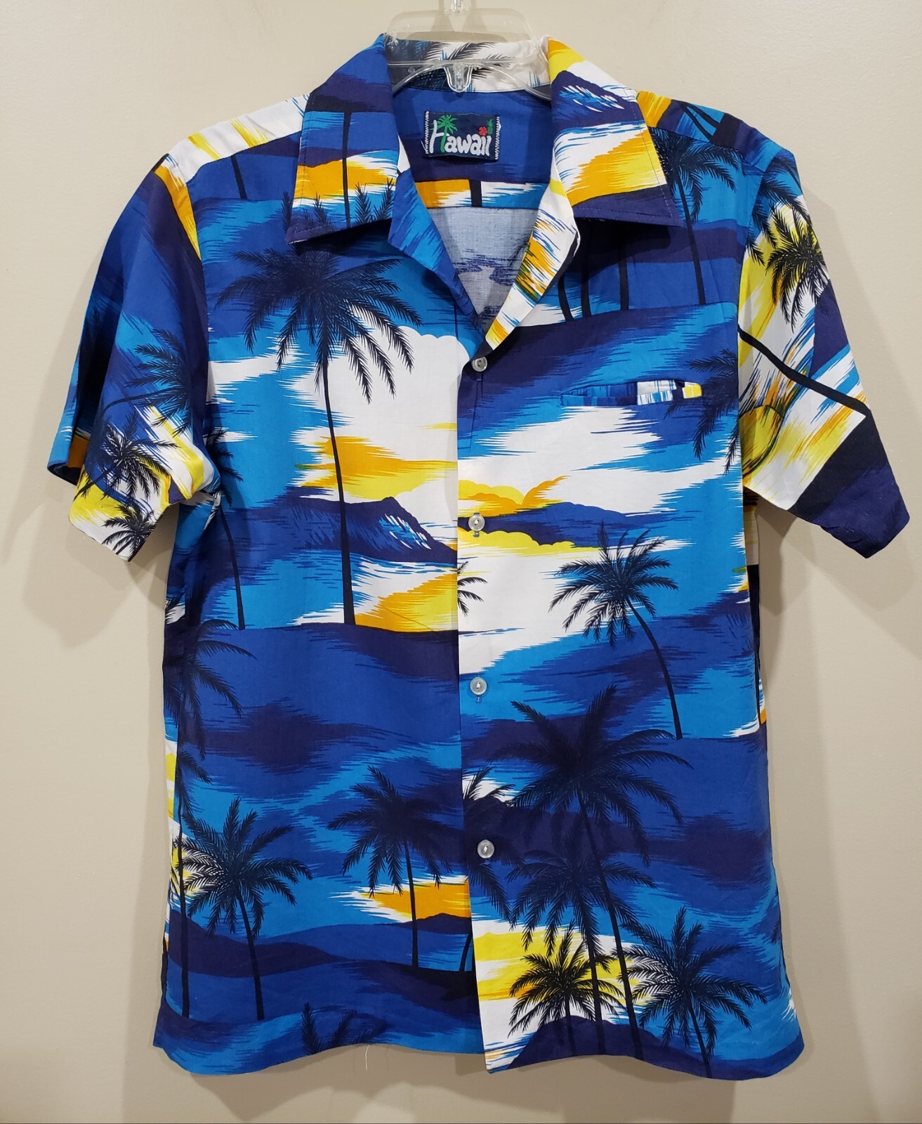 Vintage Men Aloha Hawaiian Shirt Blue Yellow Palm Tre… - Gem