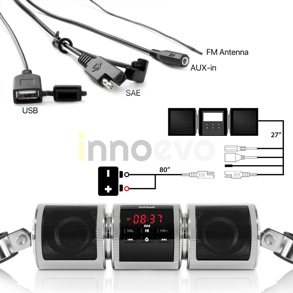 Waterproof Bluetooth Motorcycle Stereo Speaker MP3 Audio System USB AUX ...