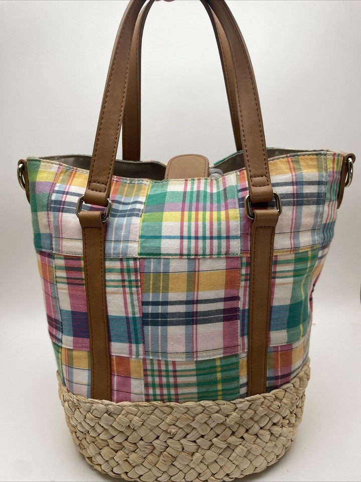 Talbots Plaid Bucket Satchel Straw Bottom *Missing Shoulder Strap EUC ...