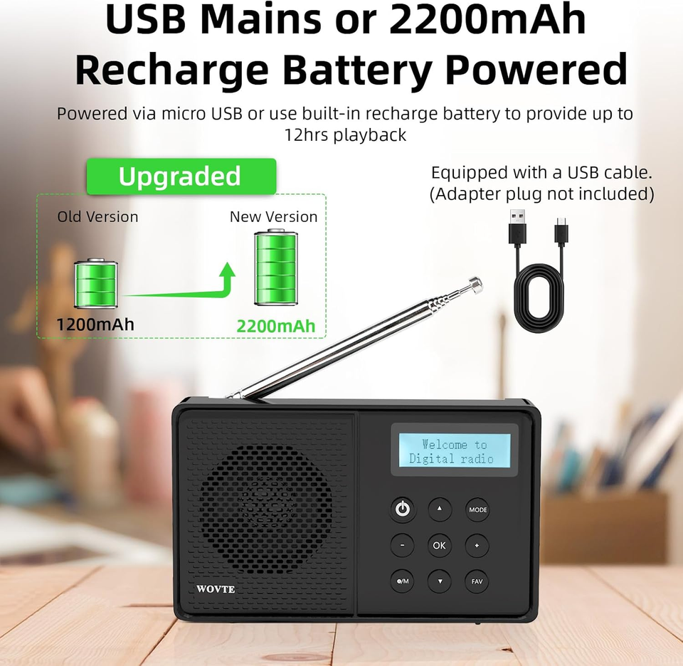 DAB Radio Portable, DAB+ Digital Radio Rechargeable FM Radio, Small ...