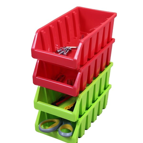 BASICWISE QI003255RG Hang & Stack Storage Bin, Plastic, Red, 3 in H, 4. ...