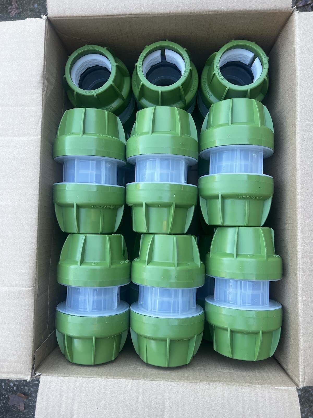DURA-LINE CLEAR PUSH-LOCK 2 INCH GREEN TRUE SDR COUPLER BOX QTY-15 / ...