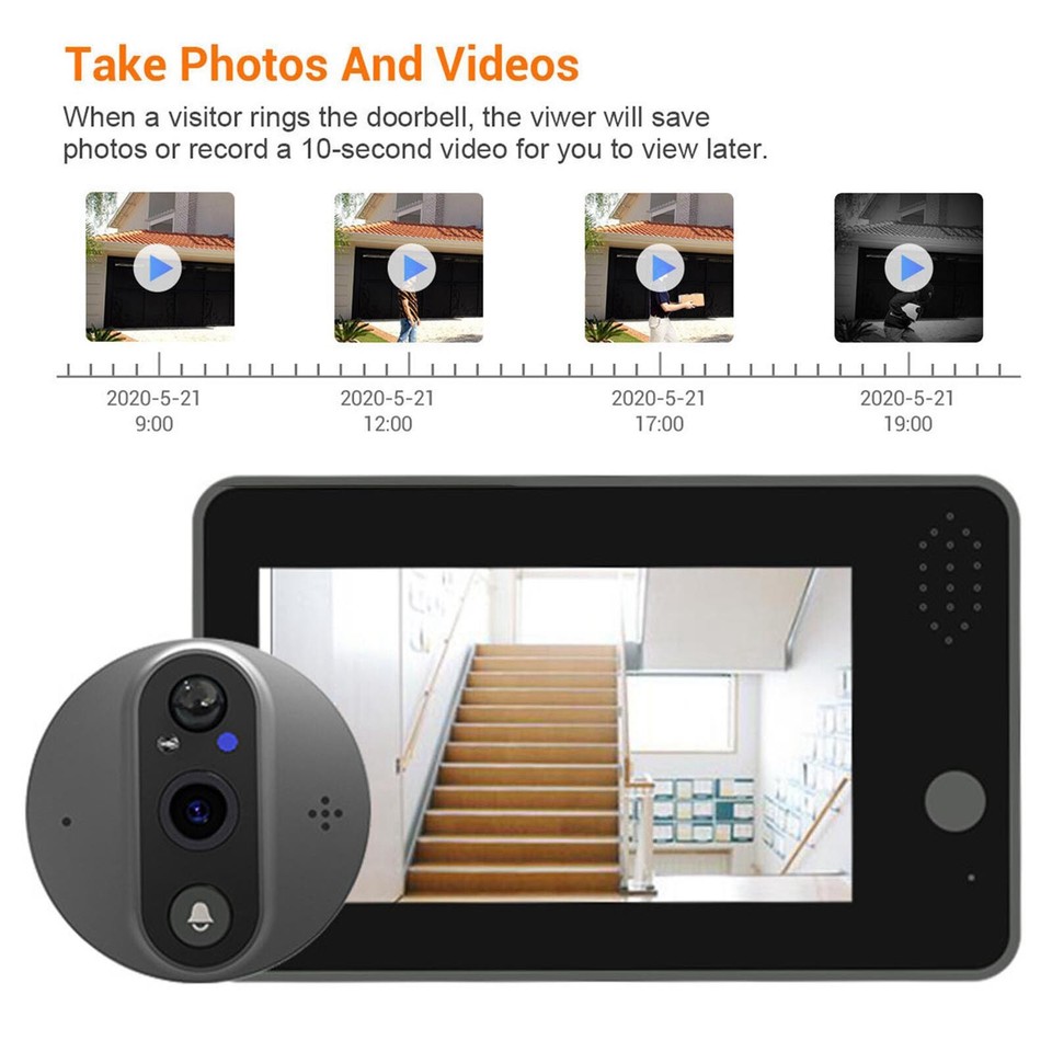 4.3'' HD Smart Door Peephole Viewer Camera Doorbell Night Vision PIR ...