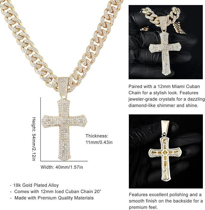 Men's Large Bling Cross Pendant & 12mm 24" Iced Out Cuban Chain Hip Hop ...