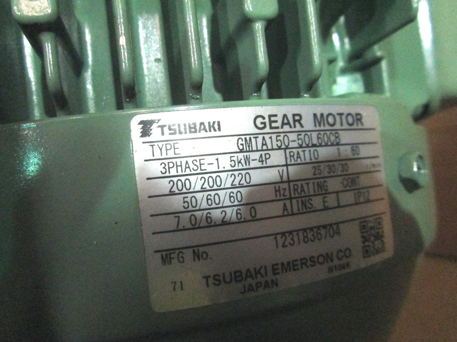 Tsubaki Gear Motor Type: GMTA150-50L60CB 3PH- 1.5kW(2.01 HP)- 4P 50/60 ...
