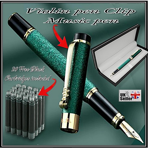 MUSIC THEMED FOUNTAN PEN WITH VIOLIN PEN CLIP ALL METAL + 20 INKS SUPER ...