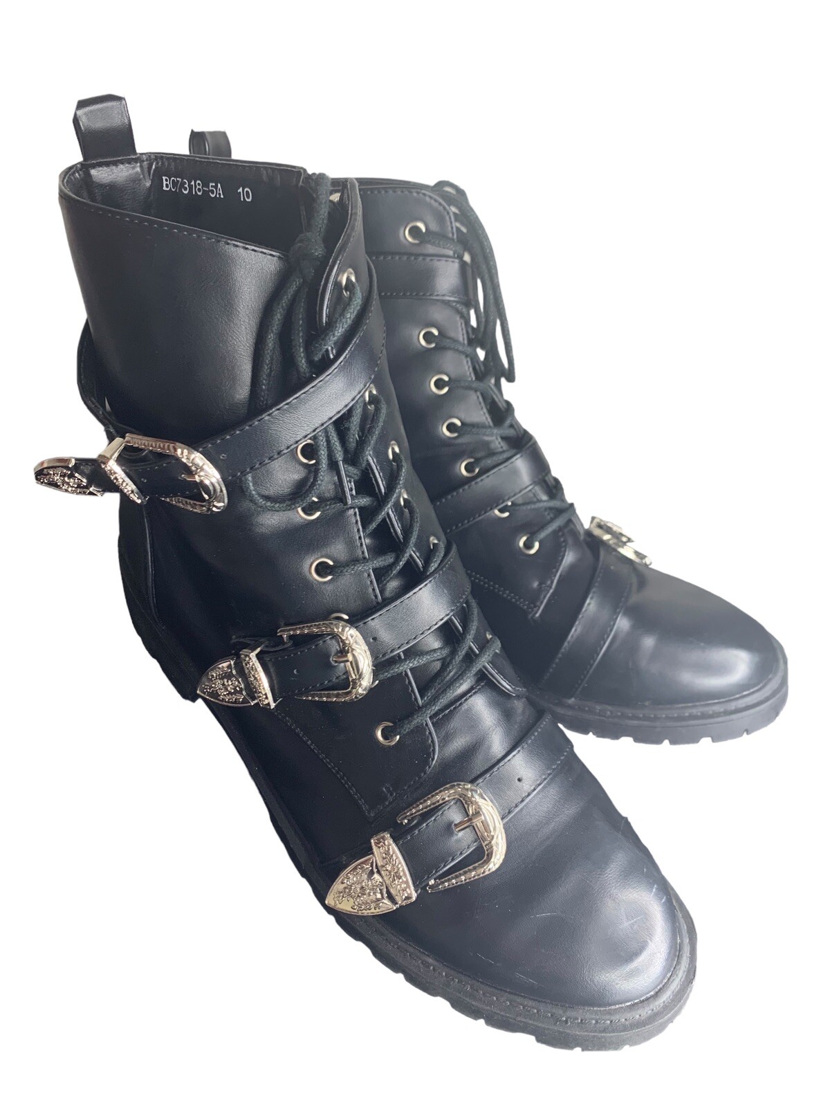 Dolls Kill Black Combat Boot with Silver Styled Buckl… - Gem
