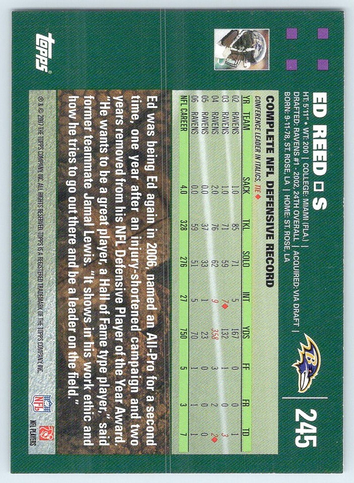 2007 TOPPS ED REED BALTIMORE RAVENS #245 | eBay