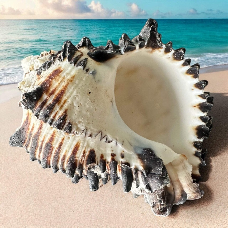 Large Conch Seashell Rare Black White Spiky Coastal Ocean Decor Big Sea ...