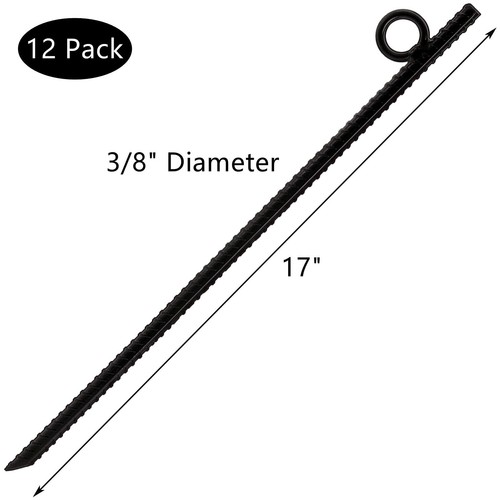 12 Pack 17 Inch Black Ground Anchor, Heavy Duty Steel Rebar Stakes with ...