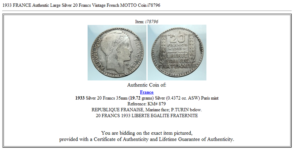 1933 FRANCE Authentic Large Silver 20 Francs Vintage French MOTTO Coin ...
