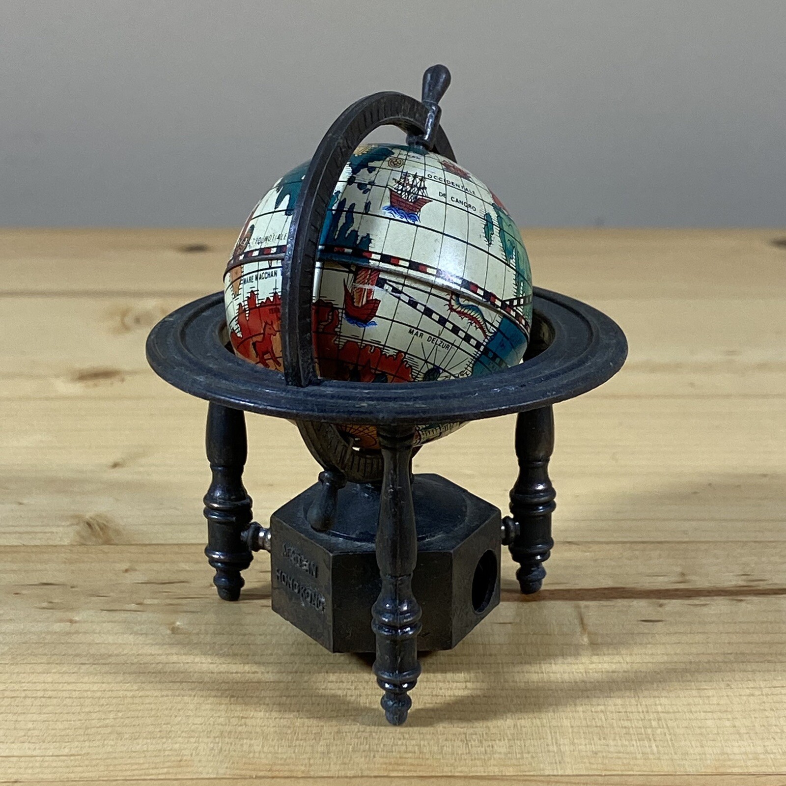 Vintage Die Cast Globe Pencil Sharpener Colorful World Map Copper Stand Spins 3” | eBay