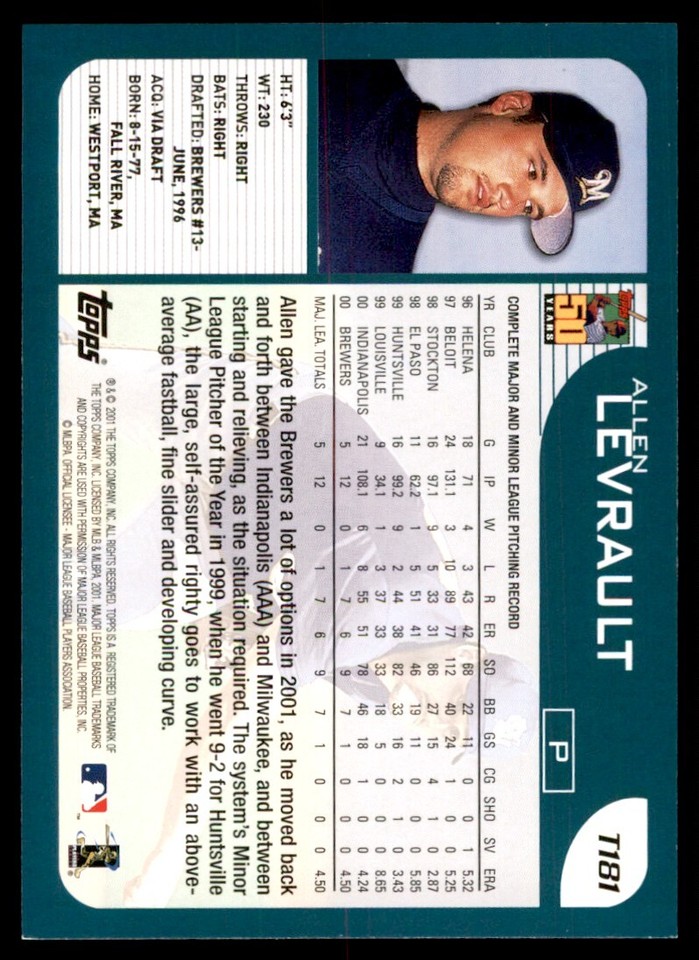 2001 TOPPS TRADED & ROOKIES ALLEN LEVRAULT MILWAUKEE BREWERS #T181 | eBay
