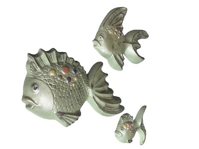 MCM Vintage 3 pc. Chalkware Angel Fish School Green Earth Tones Wall ...