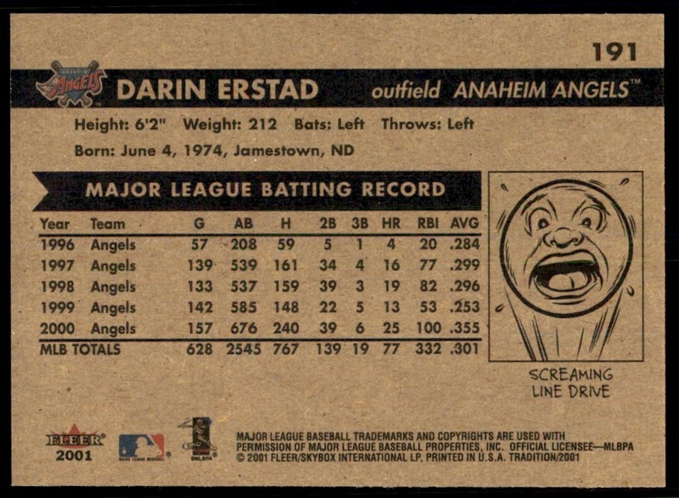 2001 Fleer Tradition Darin Erstad Anaheim Angels #191 MLB Baseball Card ...
