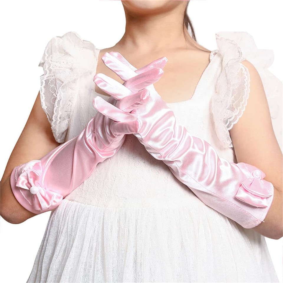 Child Pink Elbow Gloves long formal pageant girl dress up kid princess ...