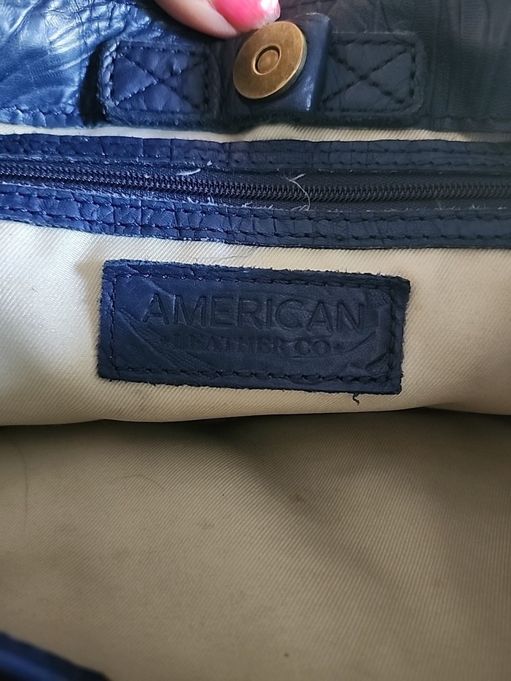 AMERICAN LEATHER CO Blue Tooled Lenox Leather Tote Small Shoulder Bag ...