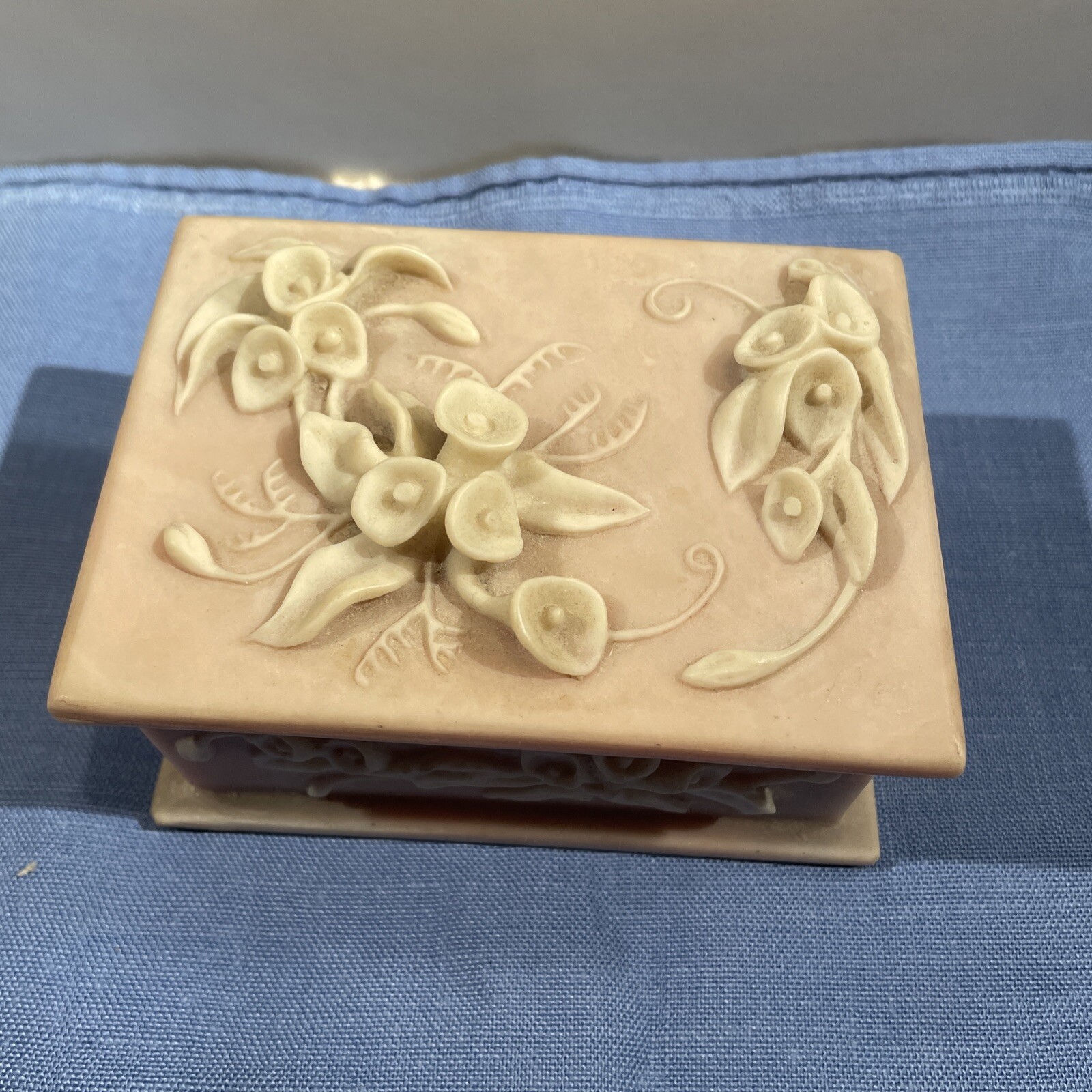 Vintage Incolay Stone Trinket Jewelry Box Pink Trumpet Floral Vine 4.25 ...