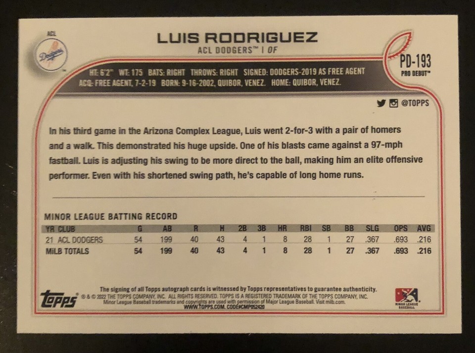 2022 Topps Pro Debut Luis Rodriguez Auto Autograph Card - ACL Dodgers ...
