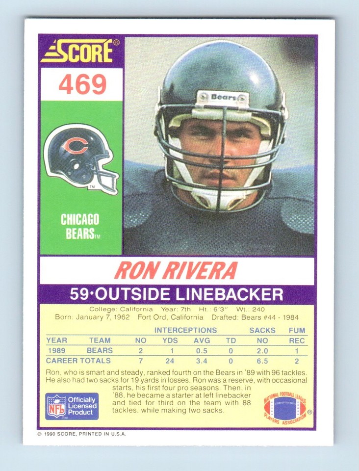 1990 Score Ron Rivera Chicago Bears #469 | eBay