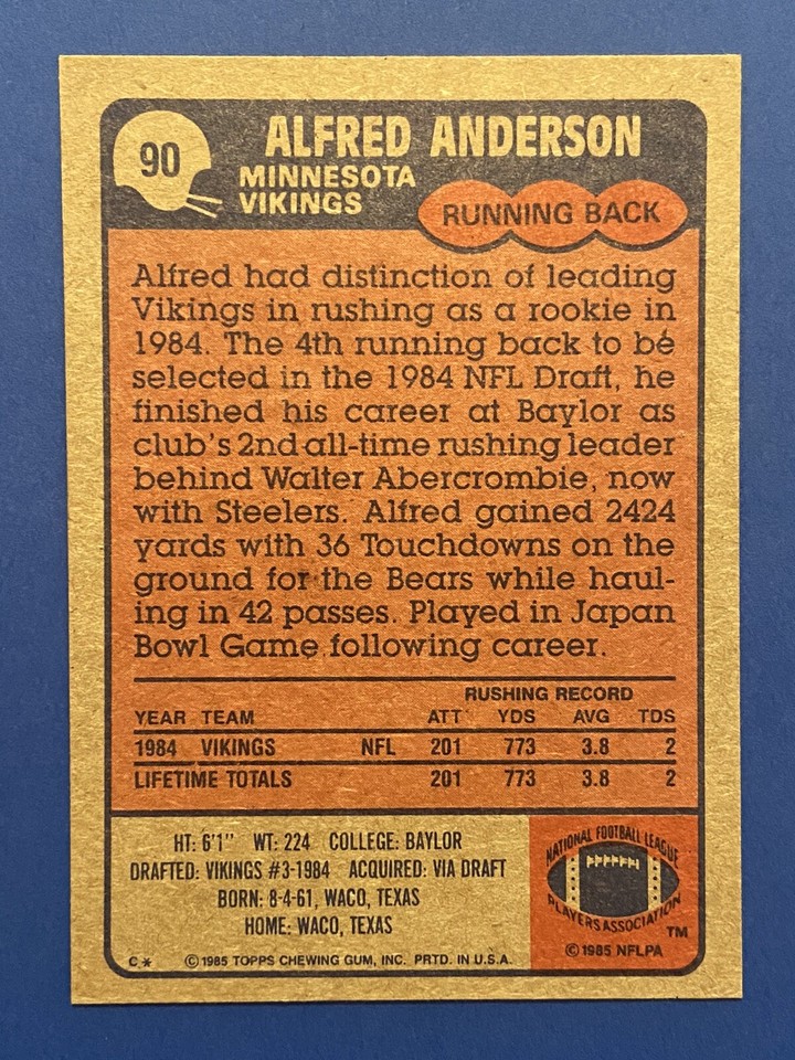 ALFRED ANDERSON Signed ROOKIE 1985 Topps #90 Vikings Baylor Bears ...