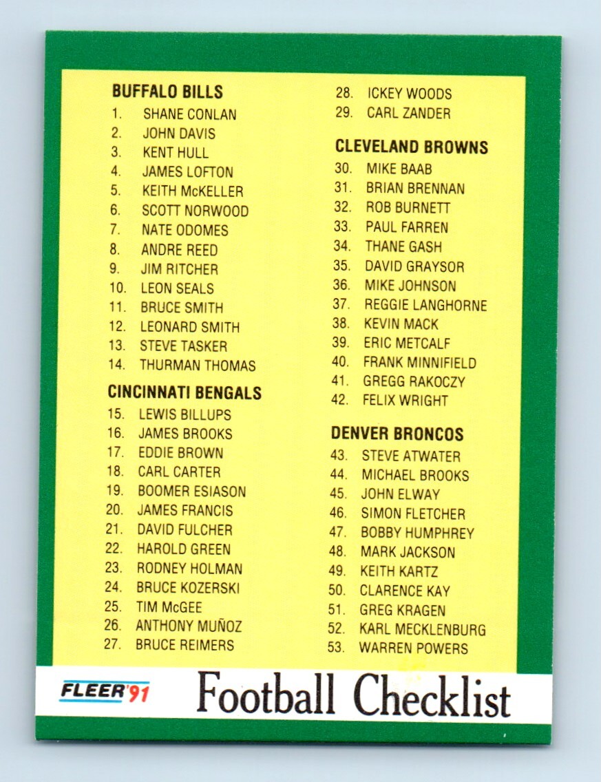 1991 Fleer Checklist Football Checklist Checklist #429 | eBay