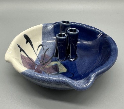 Follette Art Pottery Flower Frog Wish Bowl Artist Signed Blue Floral ...