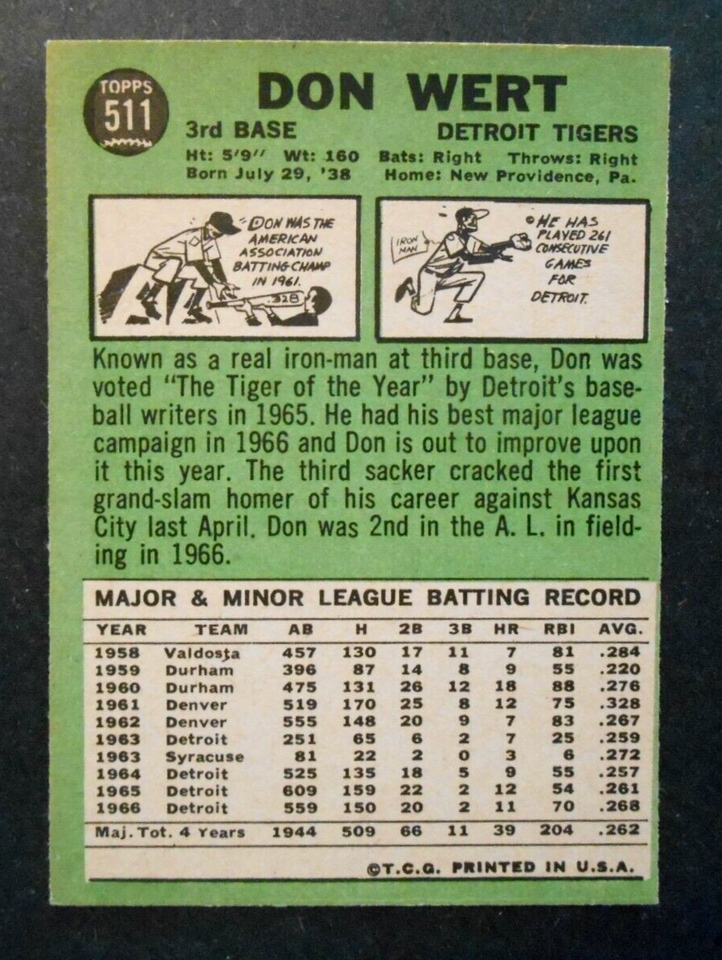 1967 Topps #511 DON WERT Detroit Tigers EX+/EXMT | eBay