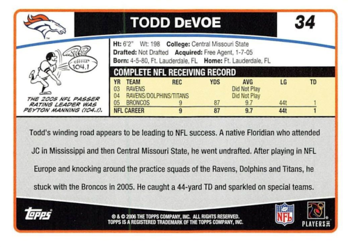 2006 Topps #34 TODD DEVOE RC Denver Broncos | eBay