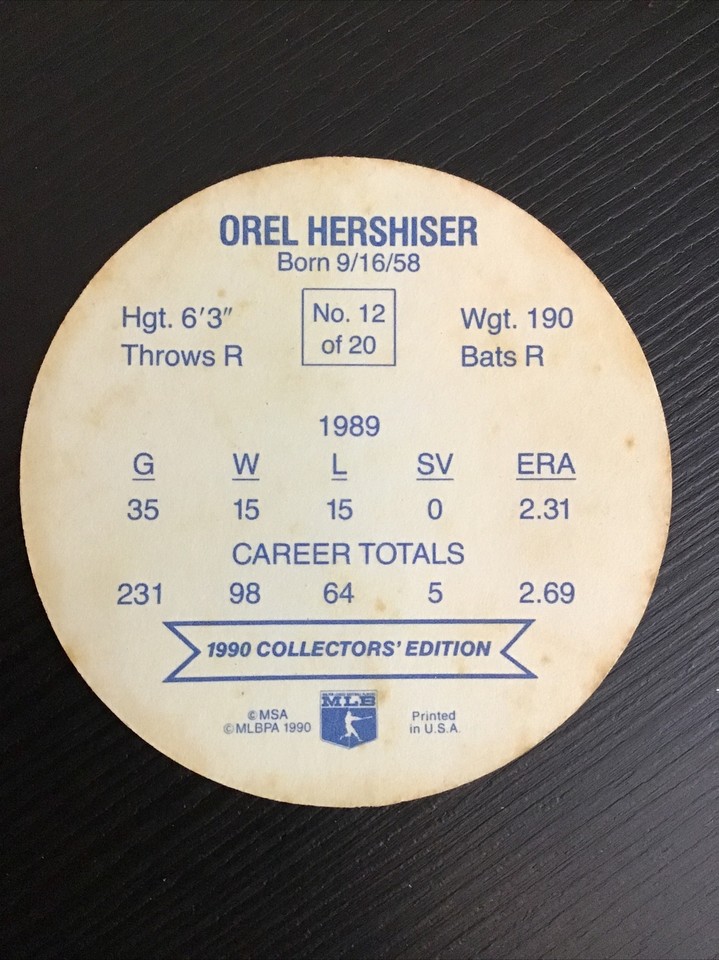 1990 Holsum Bread Superstar Discs #12 Orel Hershiser - Los Angeles ...