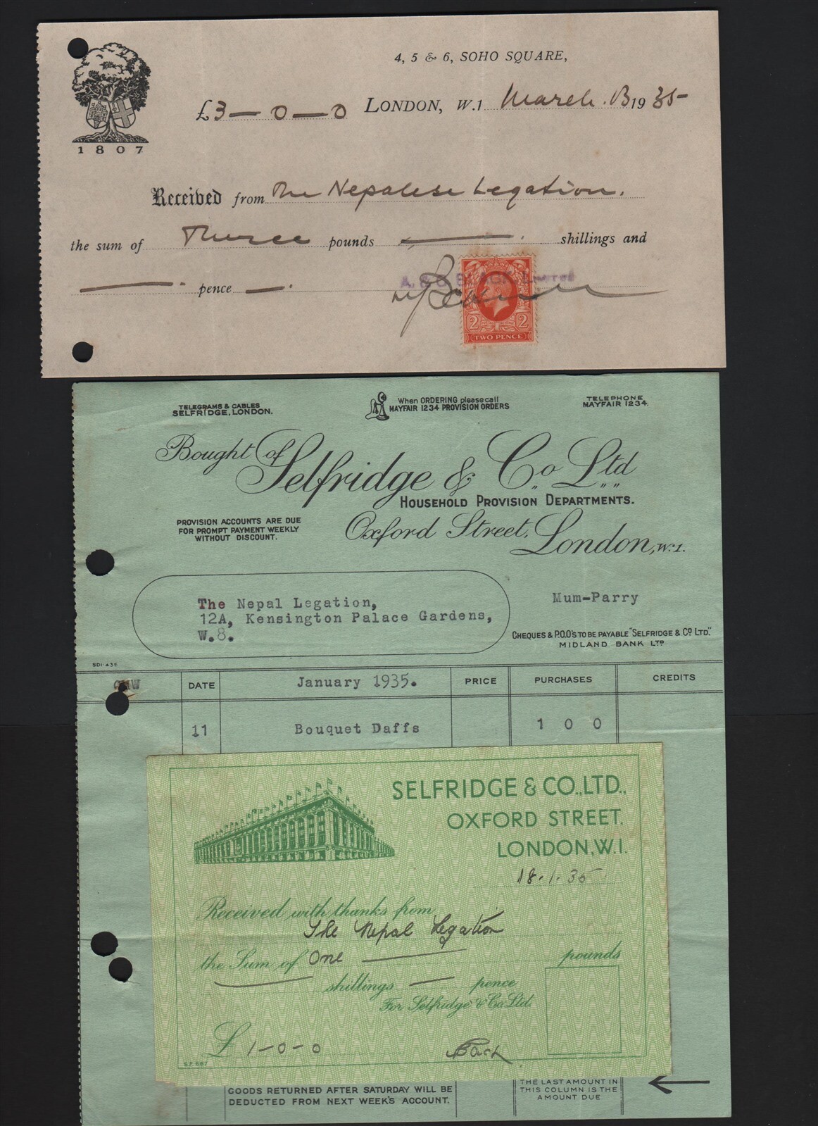 GREAT BRITAIN NEPAL LEGATION SELFRIDGES THOMAS COOK RECEIPTS 1934/35 ...