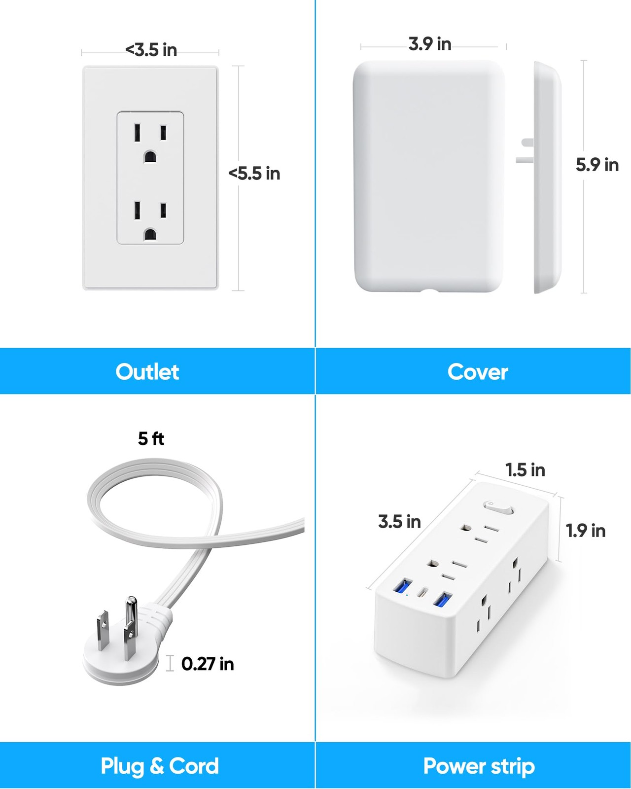 Olcorife Flat Extension Cord w/ Outlet Cover, Flat Plug Power Strip 6 ...