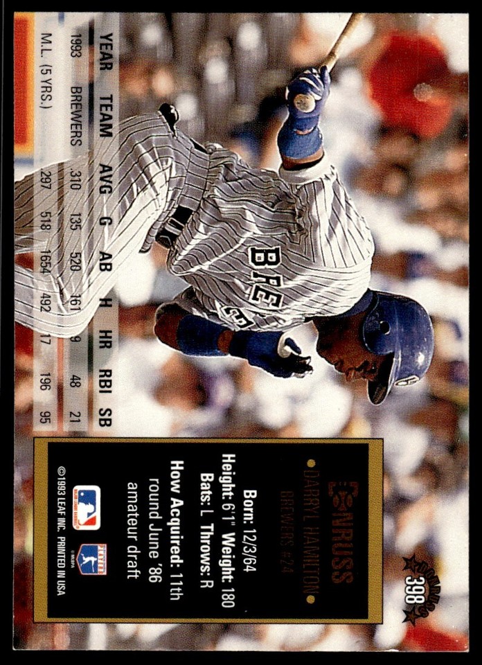 1994 Donruss Baseball Card Darryl Hamilton p Milwaukee Brewers #398 | eBay