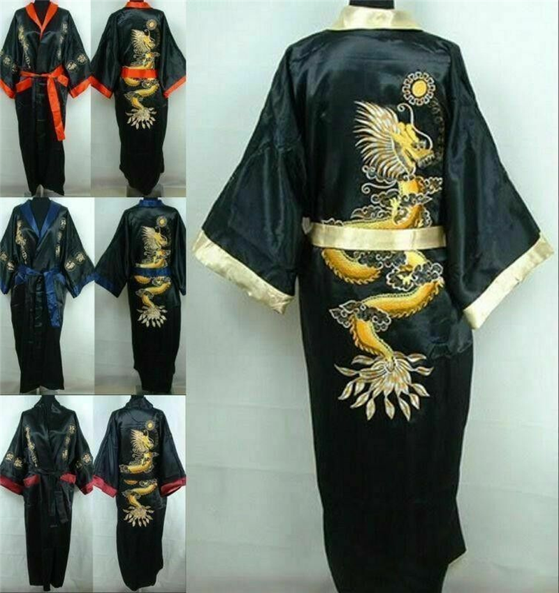 Men's Dragon Kimono Chinese Men Silk Satin Robe Gown Double-Face ...