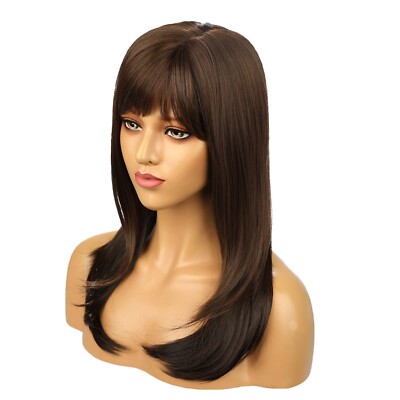 55cm Brown High Temperature Fiber Hair Wigs With Bangs Women Hairpieces ...