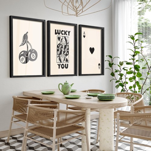 Framed Set of 3 Poker Wall Art Lucky You Poster, Trendy Retro Wall Art ...