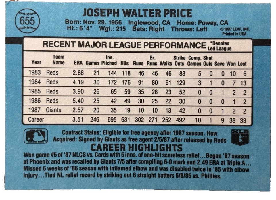 Excellent: Vintage 1988 Donruss Joe Price San Francisco Giants Trading ...