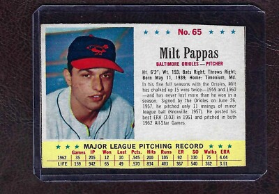 1963 Post Cereal Baseball Card #65 Milt Pappas, Baltimore Orioles, EX ...