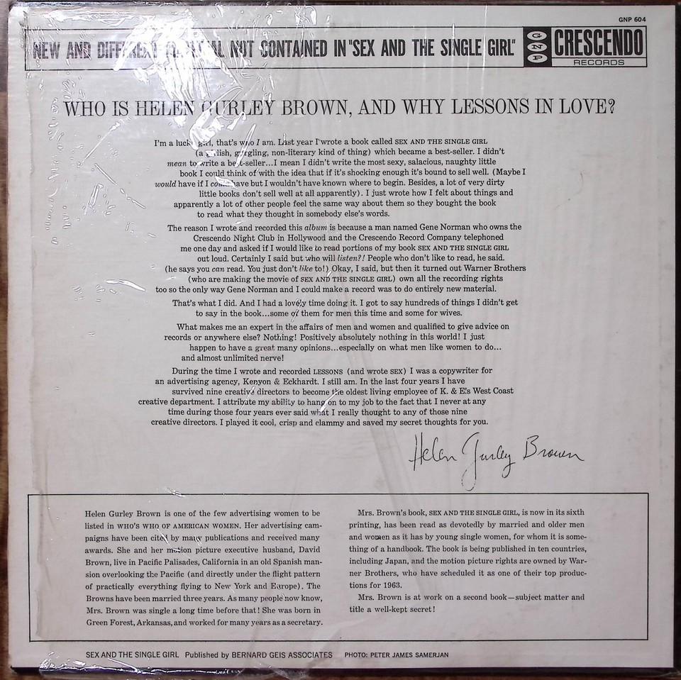 HELEN GURLEY BROWN LESSONS IN LOVE CRESCENDO RECORDS SHRINK VINYL LP ...