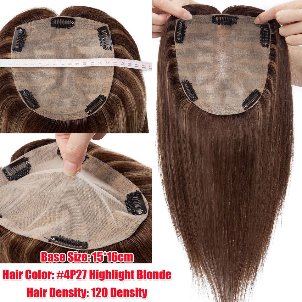 Natural Topper Hairpiece Clip In REMY 100% Human Hair Silk Base Toupee ...