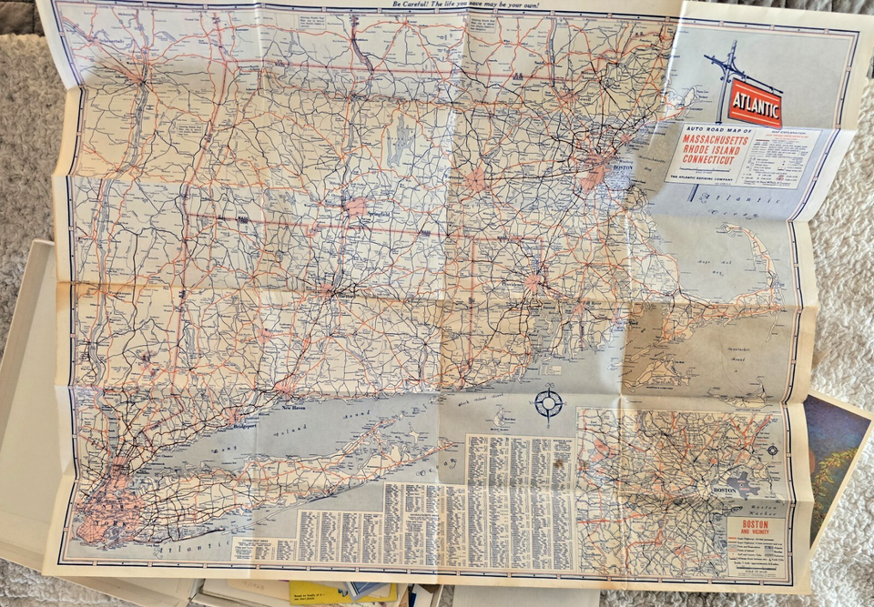 1951 ATLANTIC ROAD MAP- MASS, CONN, RI - RAND MCNALLY, TOWN & CITY ...