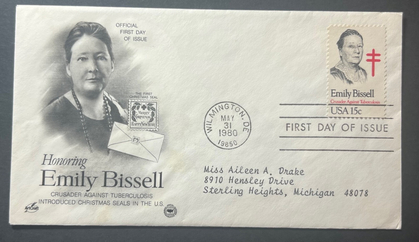 EMILY BISSELL MAY 31 1980 WILMINGTON DE ARTCRAFT FIRST DAY COVER (FDC ...